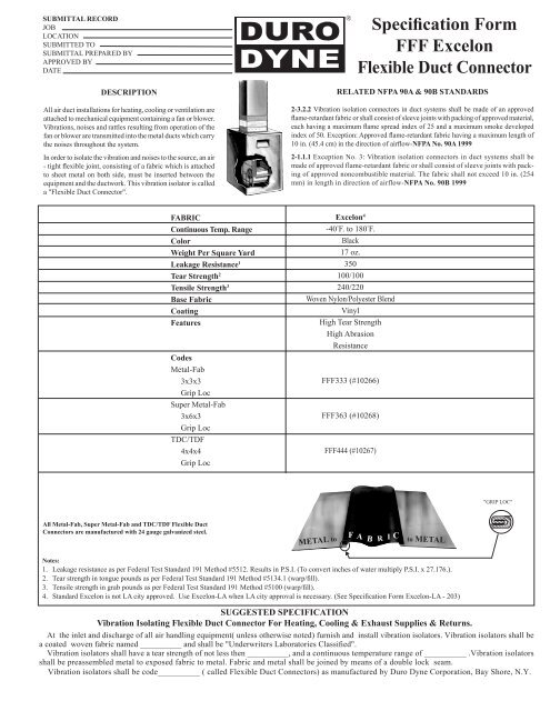 Specification Form FFF Excelon Flexible Duct Connector - Duro Dyne