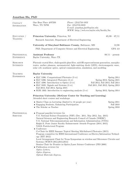 Full CV - Jonathan Hu Photonics Research Laboratory
