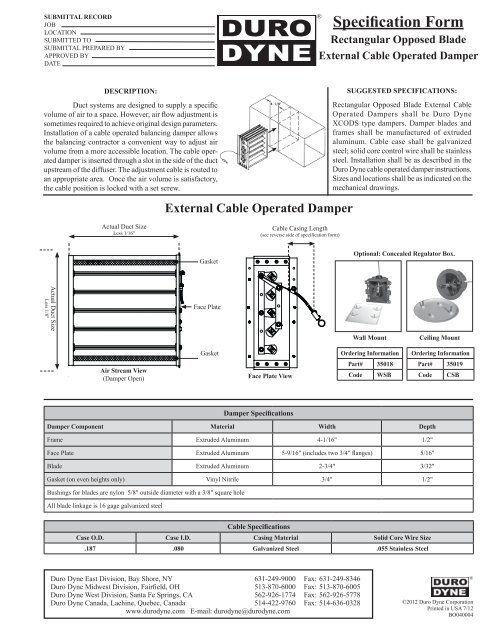 External Cable Operated Damper - Duro Dyne