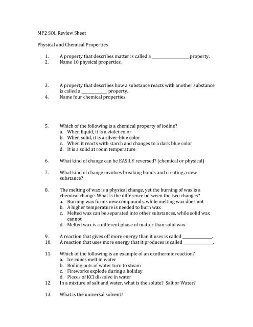 MP2 SOL Review Sheet Physical and Chemical Properties 1. A ...