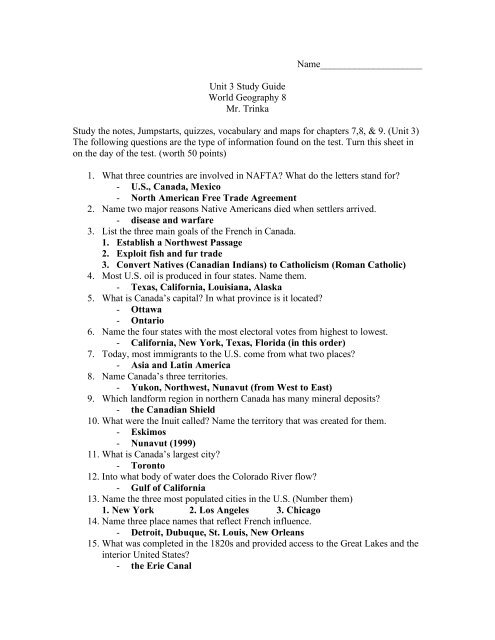 Name_____________________ Unit 3 Study Guide World ...