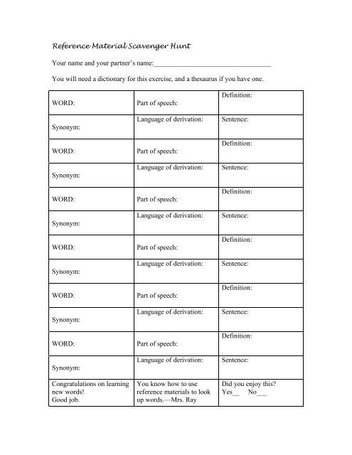 Reference Material Scavenger Hunt Your name and your partner's ...