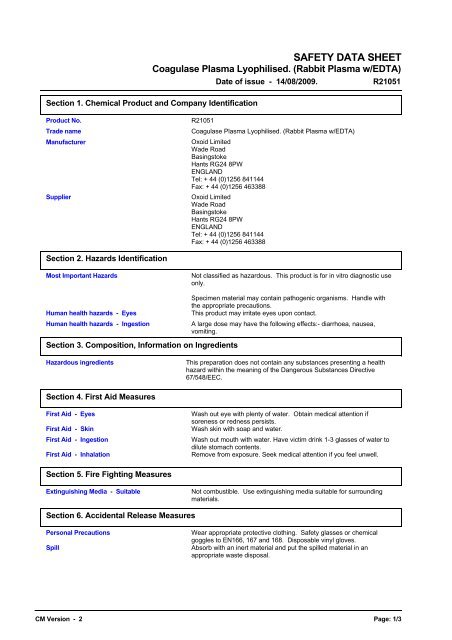 6337 Coagulase Plasma Lyophilised. (Rabbit Plasma ... - Oxoid