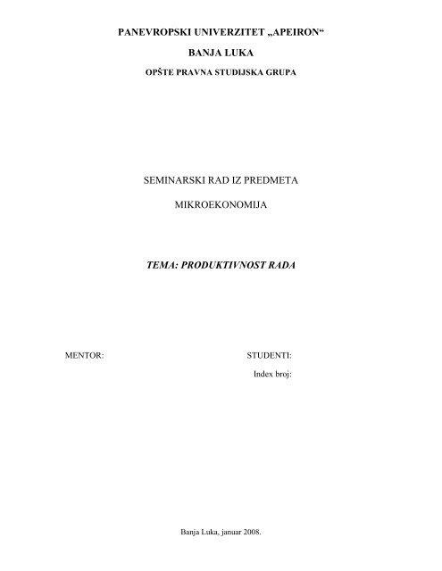 Produktivnost rada - Seminarski Maturski Diplomski Radovi