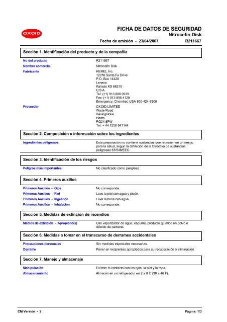9962 Nitrocefin Disk (Spanish (ES)) MSDS - Remel Inc ... - Oxoid
