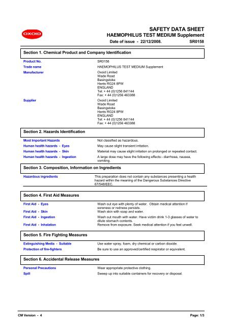 4441 HAEMOPHILUS TEST MEDIUM Supplement (English ... - Oxoid
