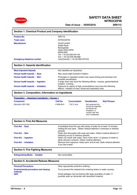 0894 NITROCEFIN (English (GB)) MSDS - OXOID (BASINGSTOKE ...