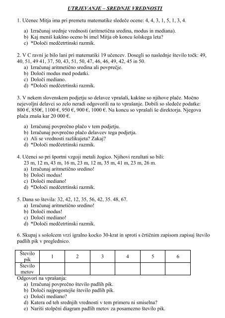 UTRJEVANJE – SREDNJE VREDNOSTI