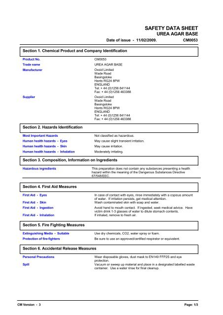 3695 UREA AGAR BASE (English (GB)) MSDS - OXOID ...
