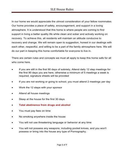 SLE House Rules - Arcuria California Recovery Resources