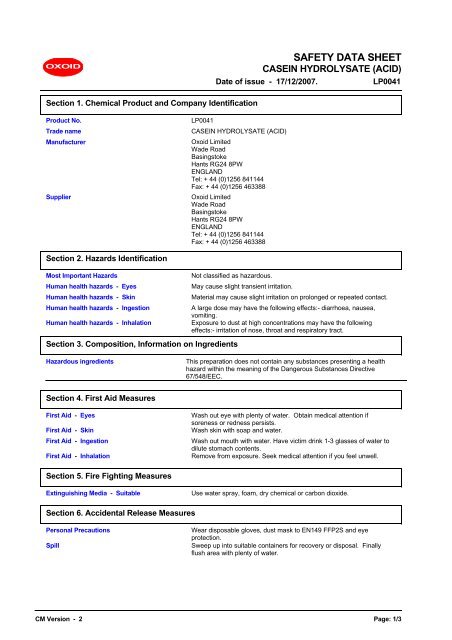 7120 CASEIN HYDROLYSATE (ACID) (English (GB)) MSDS - Oxoid