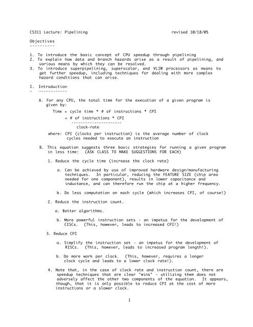 CS311 Lecture: Pipelining revised 10/18/05 Objectives ---------- 1. To ...