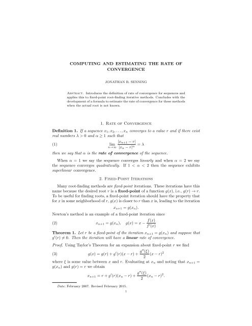 Rate Of Convergence For Root Finding Algorithms Department Of