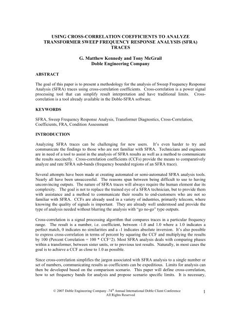 Using Cross-Correlation to Analyze Doble SFRA Traces