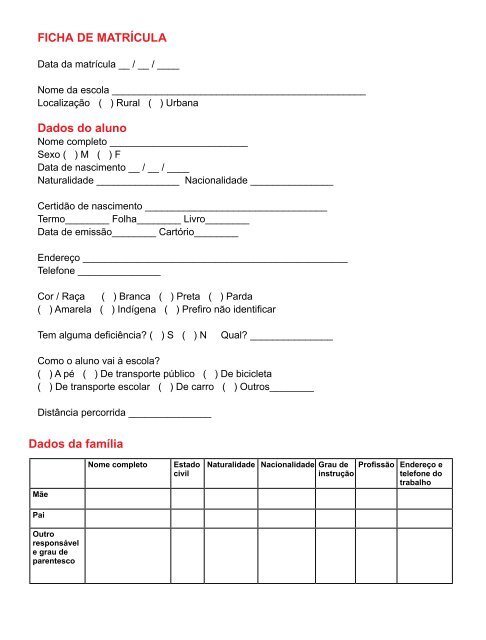 ficha de matrÃ cula dados do aluno dados da famÃ­lia