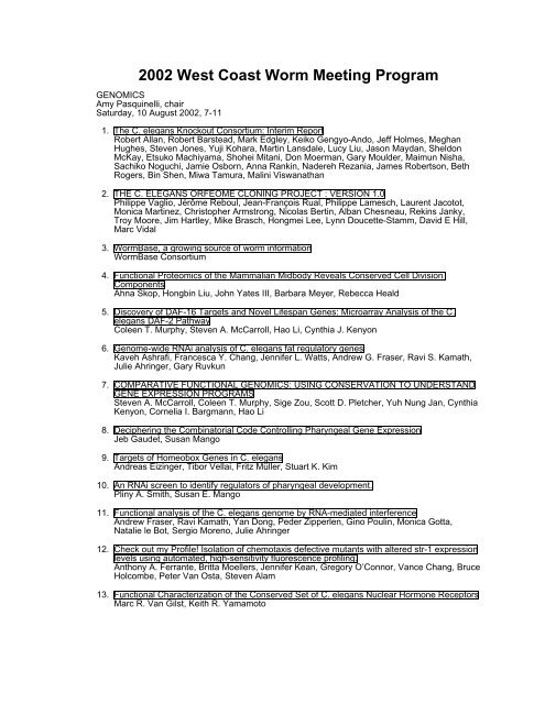 2002 West Coast Worm Meeting Program - Sternberg Lab - Caltech