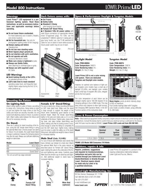 download Lowel Prime LED 800 Instructions (PDF)