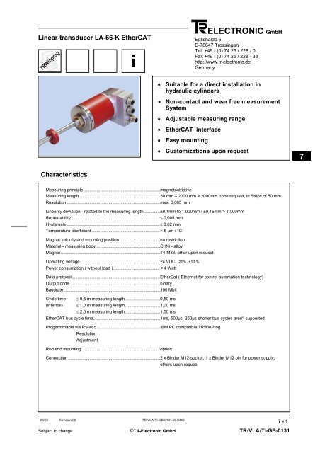 Linear-transducer LA-66-K EtherCAT - TR Electronic