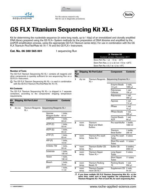 GS FLX Titanium Sequencing Kit XL+ - 454 Life Sciences