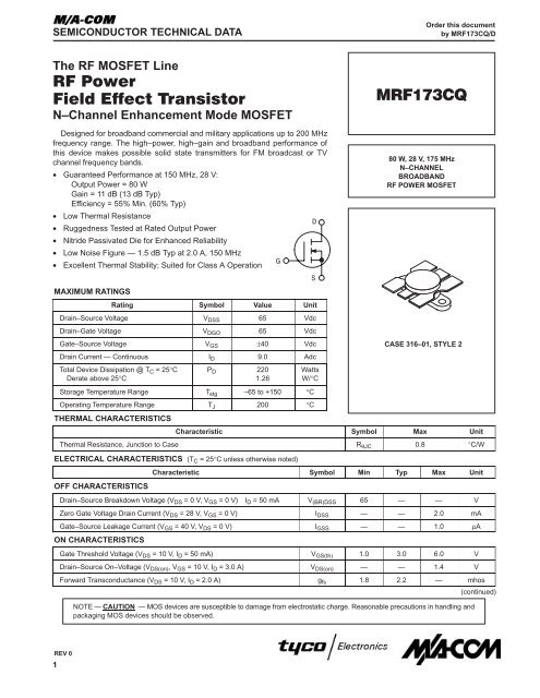 RF Power Field Effect Transistor MRF173CQ - Free Radio Berkeley