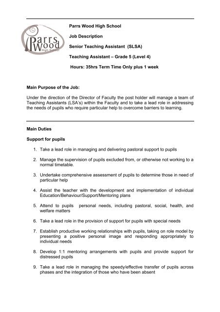 Senior Teaching Assistant ( LSA) Grade 5 - Parrs Wood High School