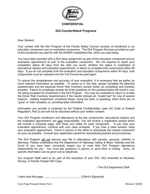 DUI Personal History Form - Florida Safety Council