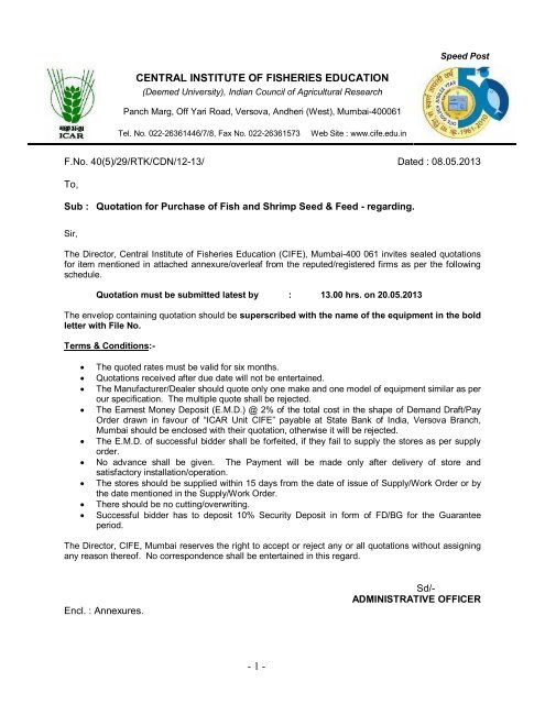 Quotation for Purchase of Fish and Shrimp Seed & Feed