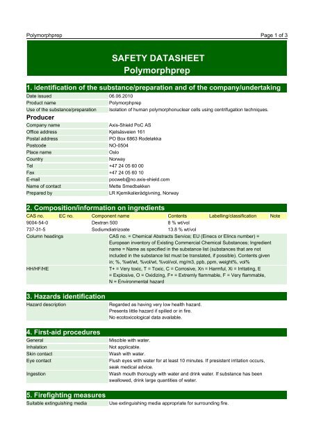 MSDS Polymorphprep - Axis-Shield