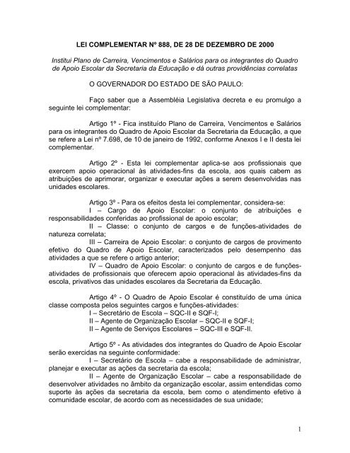 LEI COMPLEMENTAR Nº 888, DE 28 DE DEZEMBRO DE 2000