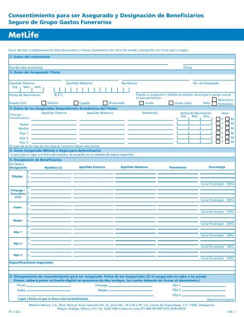 Consentimiento para ser Asegurado y DesignaciÃ³n de ... - MetLife