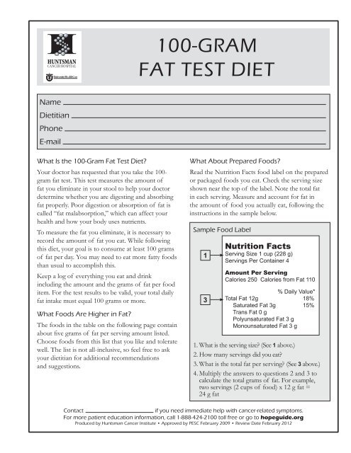 100-Gram Fat tEst DiEt - Huntsman Cancer Institute