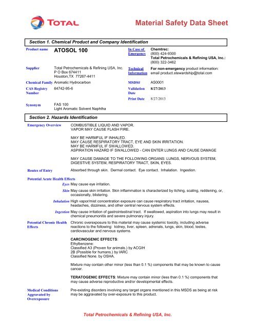Atosol 100 MSDS - Total Petrochemicals USA