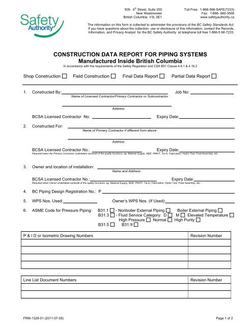 CONSTRUCTION DATA REPORT FOR PIPING SYSTEMS ...