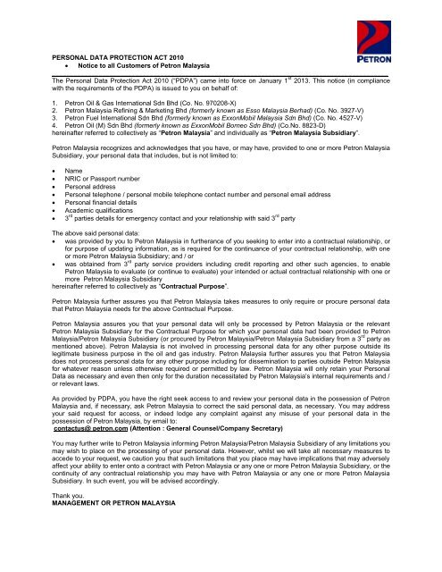 PERSONAL DATA PROTECTION ACT 2010 â ¢ Notice to all ... - Petron