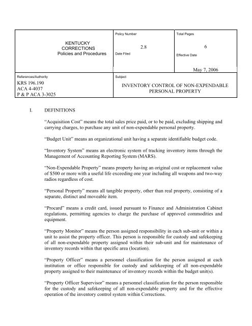 2.8 Inventory Control of Non-Expendable Personal Property