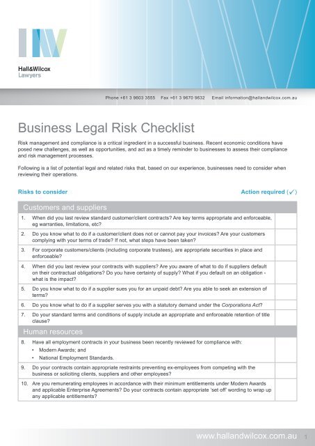 Business Legal Risk Checklist - Hall & Wilcox Lawyers