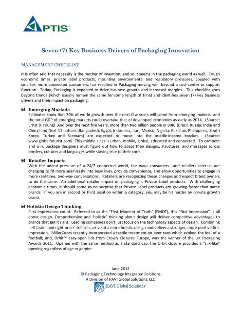Seven (7) Key Business Drivers of Packaging Innovation