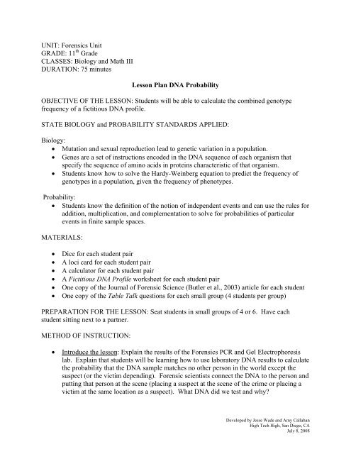 Lesson Plan DNA Probability - High Tech High