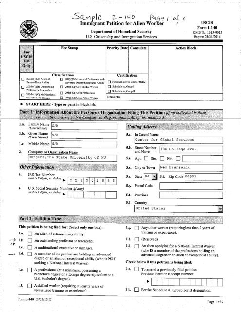 Sample I-140 - Center for International Faculty and Student Services