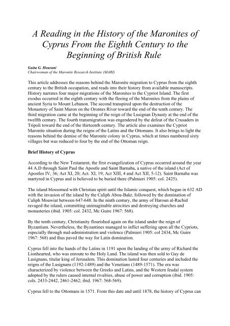 A Reading in the History of the Maronites of Cyprus by Guita Hourani