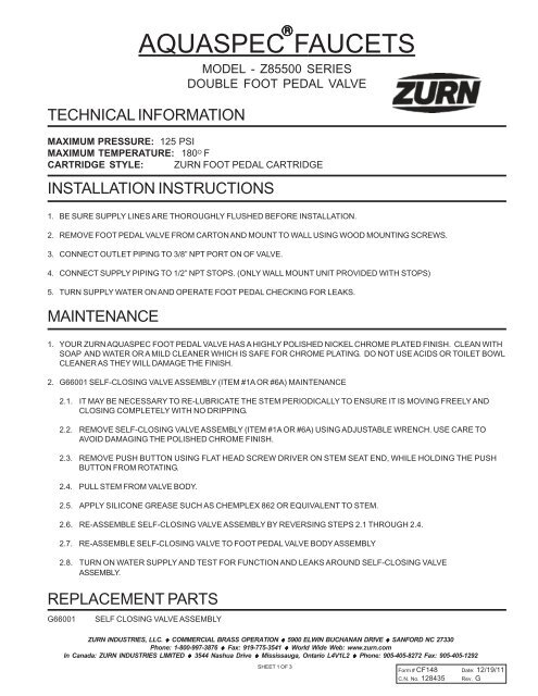Installation Instructions - Zurn