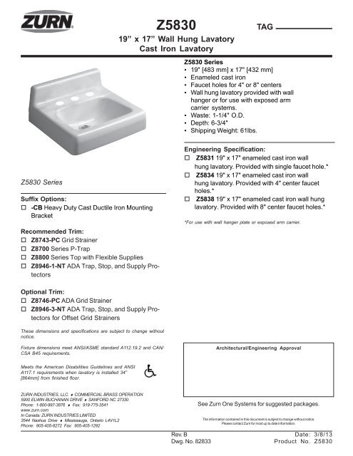 19â x 17â Wall Hung Lavatory Cast Iron Lavatory TAG - Zurn