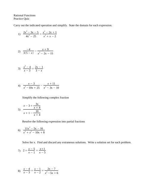Rational Functions Practice Quiz Carry Out The Indicated Operation