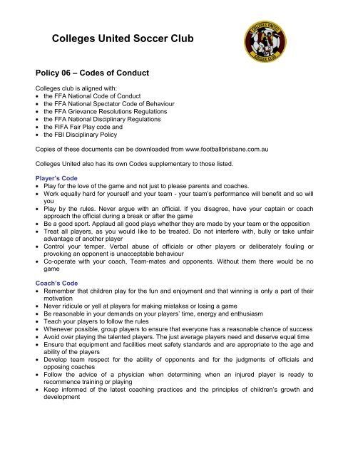 Policy 06 - Codes of Conduct - Colleges United Soccer Club