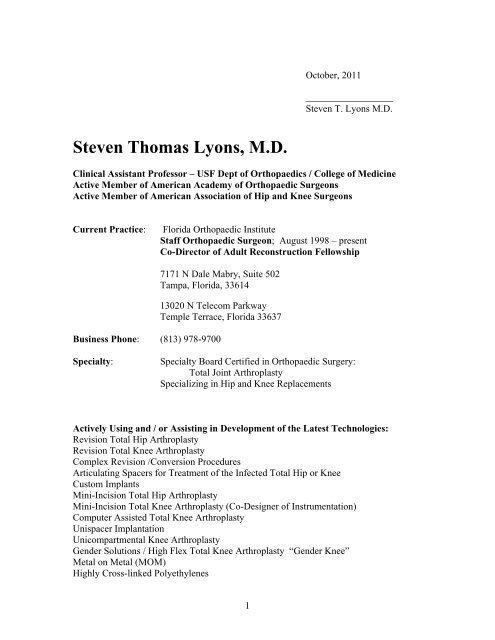 Steven Thomas Lyons, M.D. - Florida Orthopaedic Institute