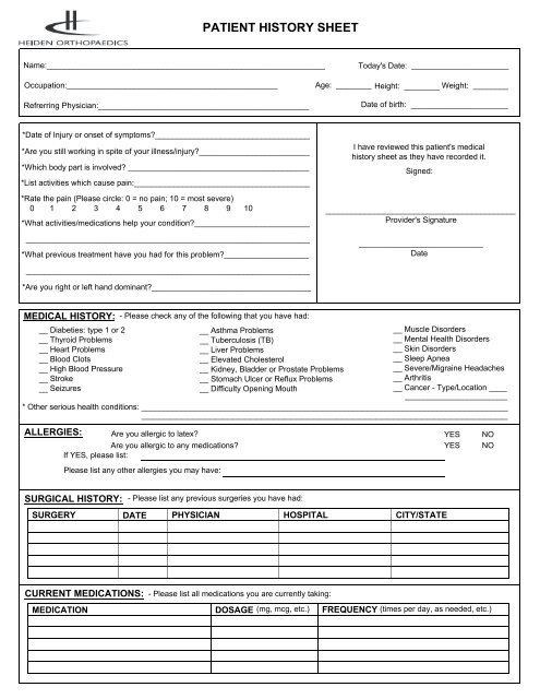 Patient History Form - Heiden Davidson Orthopedics