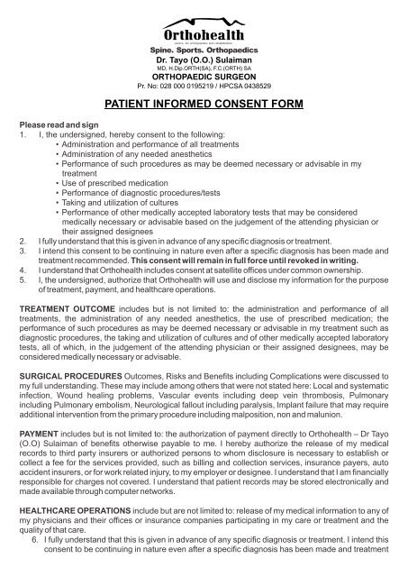 PATIENT INFORMED CONSENT FORM - Orthohealth