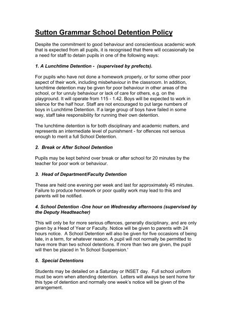 Sutton Grammar School Detention Policy