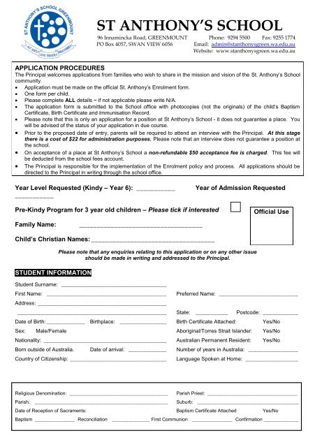 Kindergarten to Year 6 application form - St Anthony's School ...