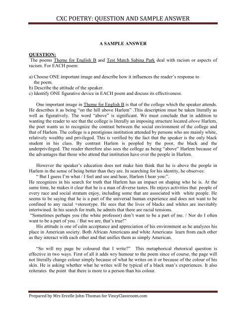 CXC POETRY: QUESTION AND SAMPLE ANSWER - VincyClassroom CXC POETRY: QUESTION AND SAMPLE ANSWER - VincyClassroom